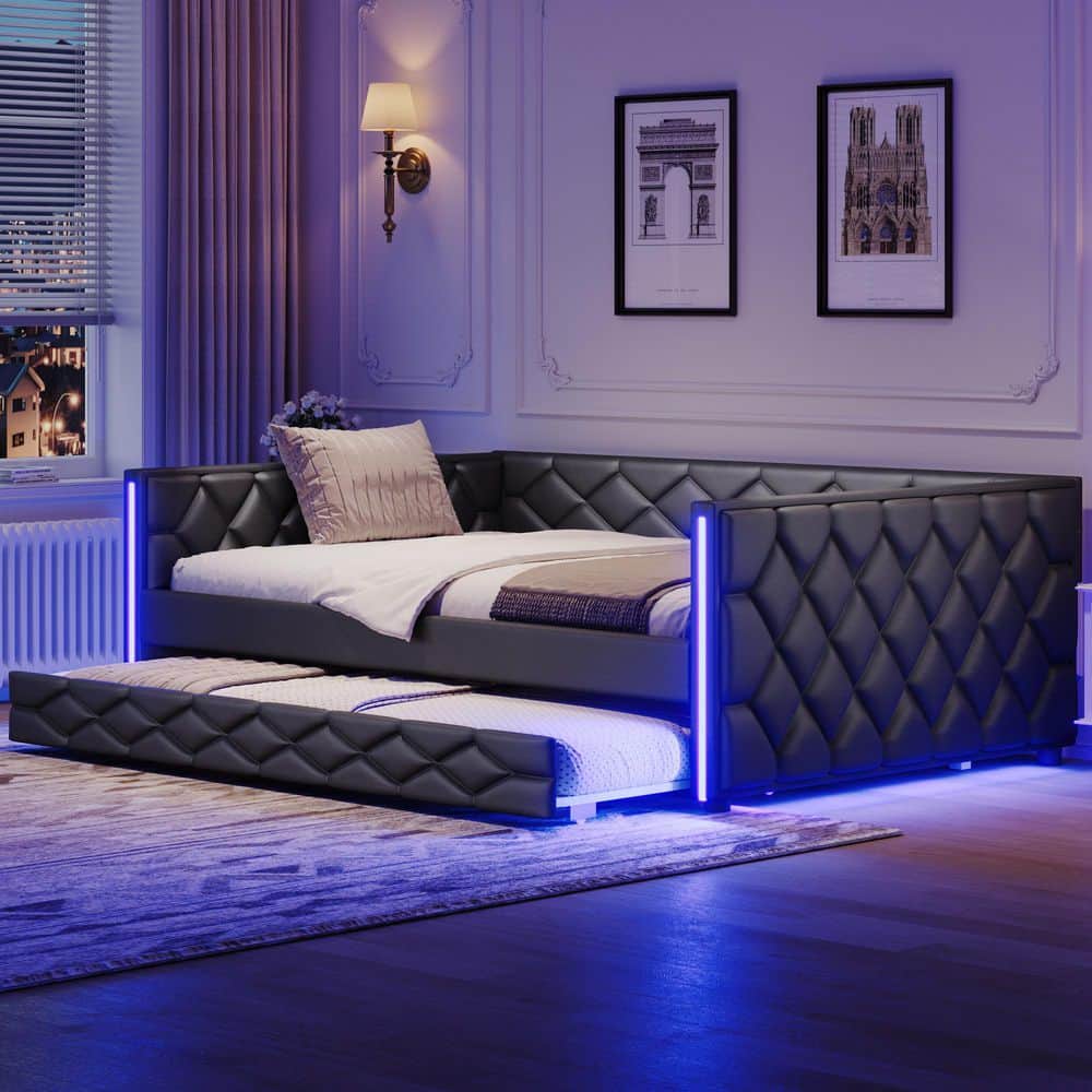 Nestfair Black Full XL Size Upholstered Daybed with LED and Trundle ...