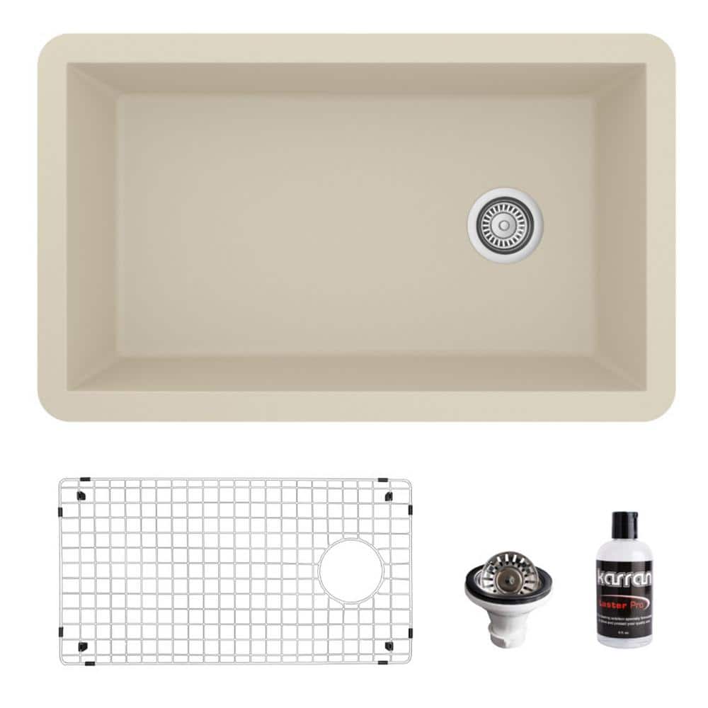 Karran QU-670 Quartz/Granite 32 in. Single Bowl Undermount Kitchen Sink in Bisque with Bottom ...