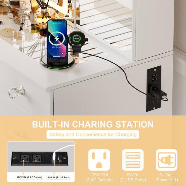 PAKASEPT White Vanity Desk With Power Outlet, Makeup Vanity Table With ...