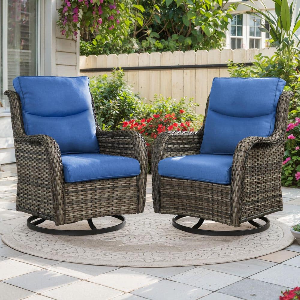 Bellefurn Smiley 2-Piece Gray PE Wicker Patio Swivel Glider with Olefin 5 in. Thick Blue ...