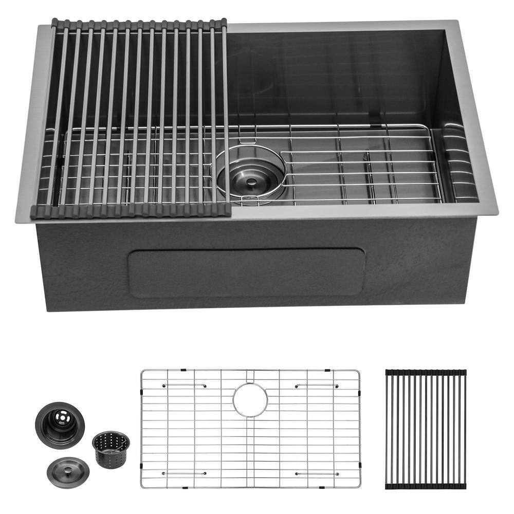 LORDEAR Gunmetal Black 16-Gauge Stainless Steel 28 in. Single Bowl ...