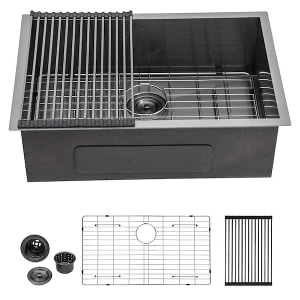 LORDEAR Gunmetal Black 16-Gauge Stainless Steel 28 in. Single Bowl ...