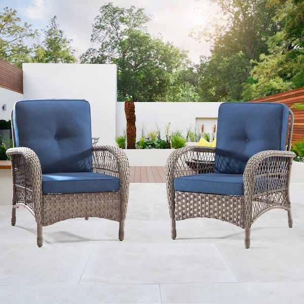 Hampton bay cambridge brown stationary resin wicker outdoor dining chairs with blue cushions store