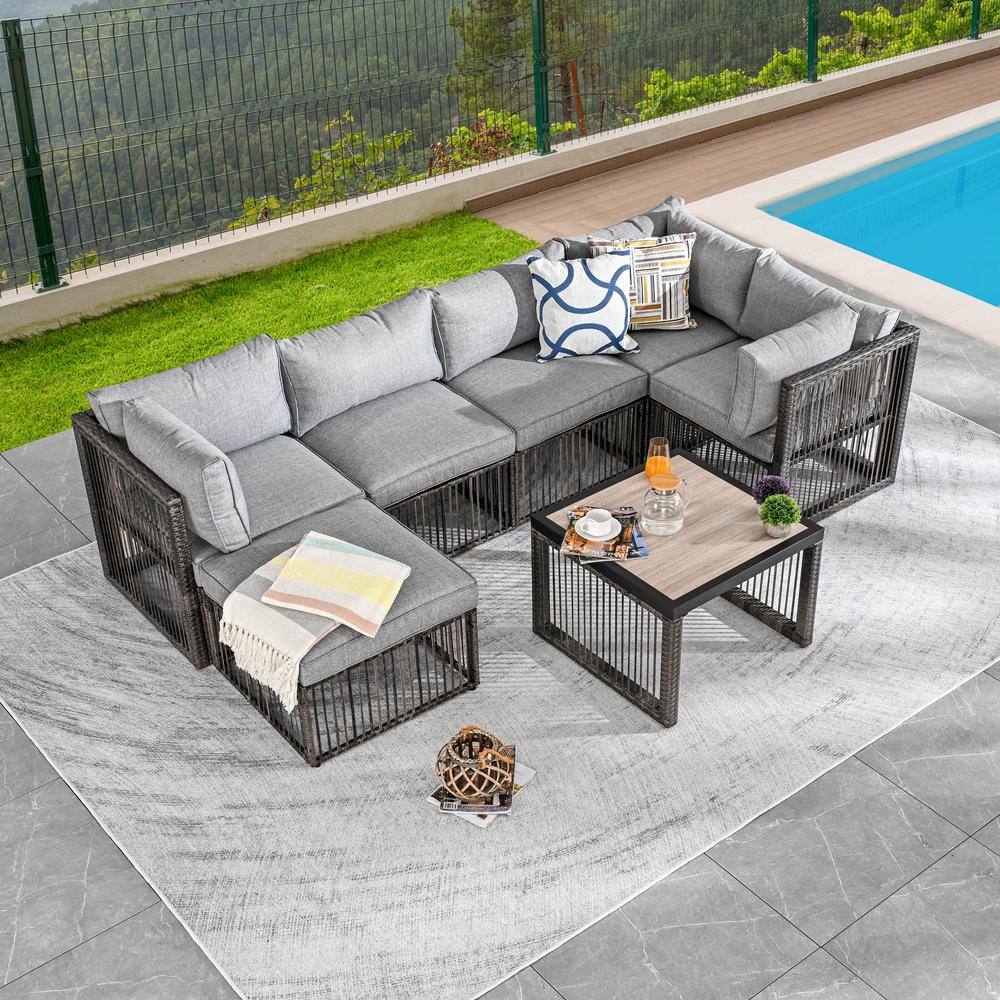 Patio Festival 7-Piece Wicker Patio Conversation Sectional Seating Set ...
