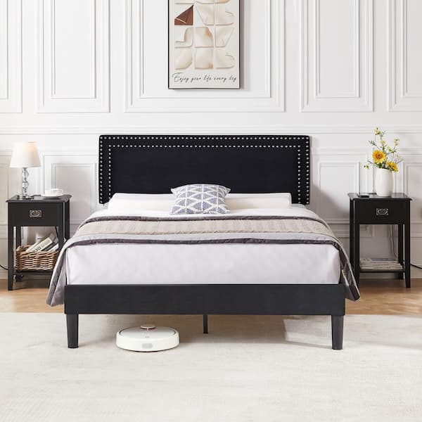 VECELO Upholstered Bed Panel Queen Platform Bed Metal Frame Dual Black Nightstands w USB Charging Ports 3 Piece Bedroom Set