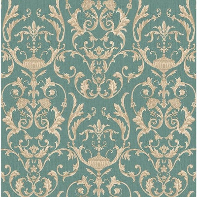 Ornamenta 2 Beige/Blue Intricate Damask Design Non-Pasted Vinyl on Paper Material Wallpaper Roll ...