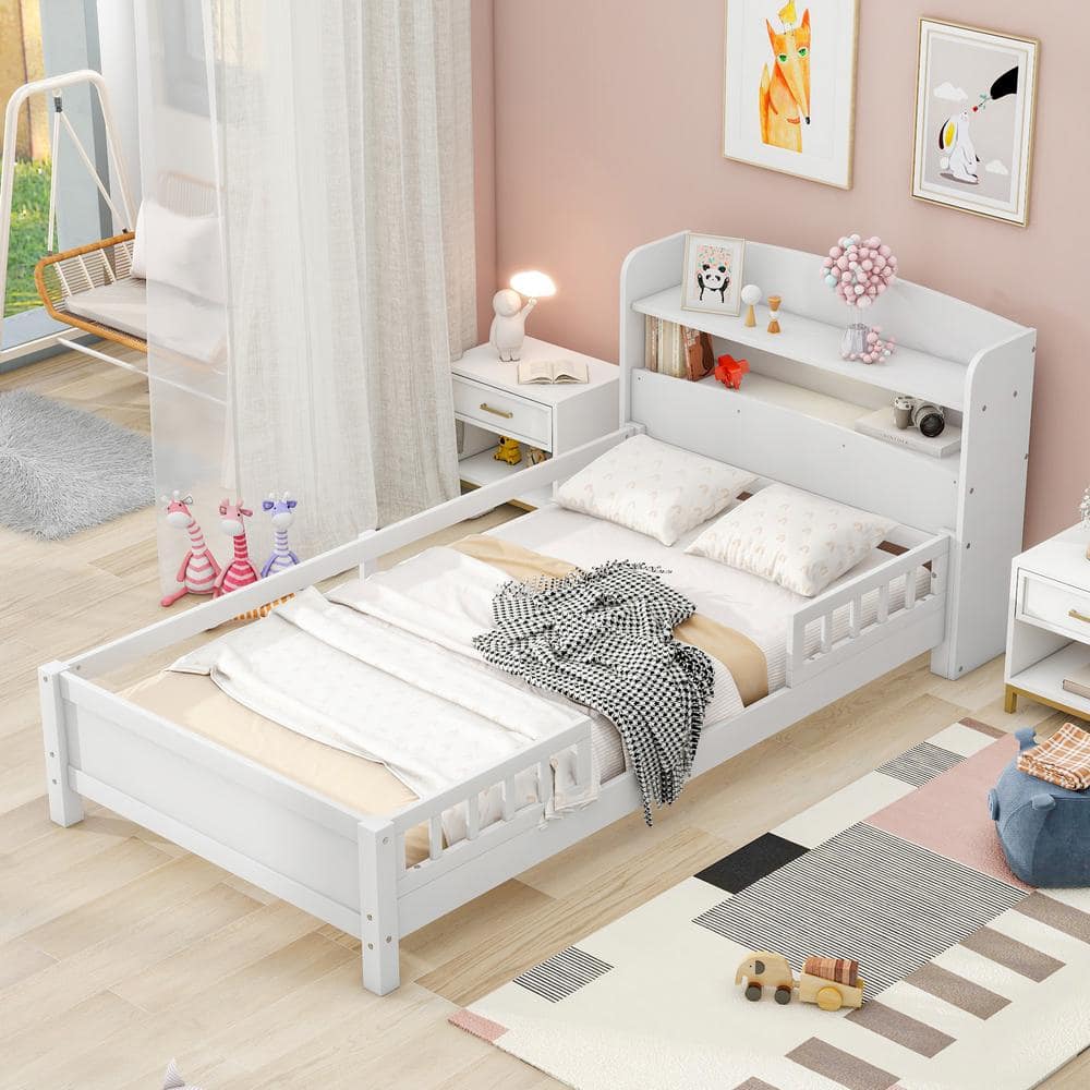 Polibi White Wood Frame Twin Size Platform Bed with Built-in LED Light ...