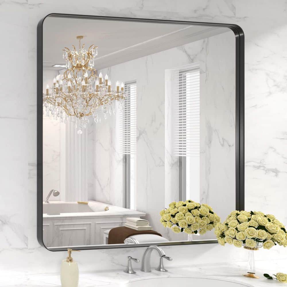 Black 38 in W x 38 in. H Metal Framed Bathroom Mirror for Wall, Farmhouse Bathroom Vanity Mirror ...