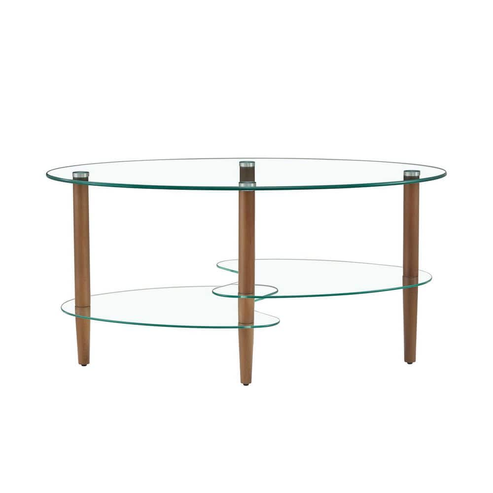 Angel Sar 35.44 in. Transparent Oval Glass Coffee Table with Oak Wood ...
