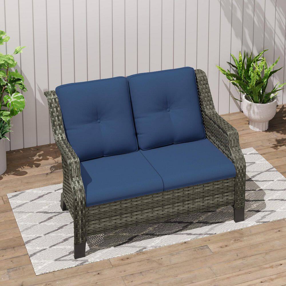 JOYSIDE Brown Wicker Outdoor Loveseat Patio Sofa Deep Seating with Blue ...