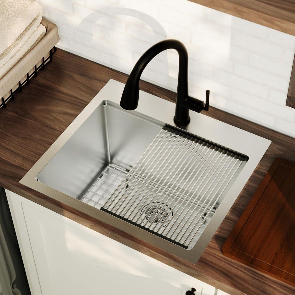 Karran 25 in. Drop-In Single Bowl 16-Gauge Stainless Steel Workstation ...