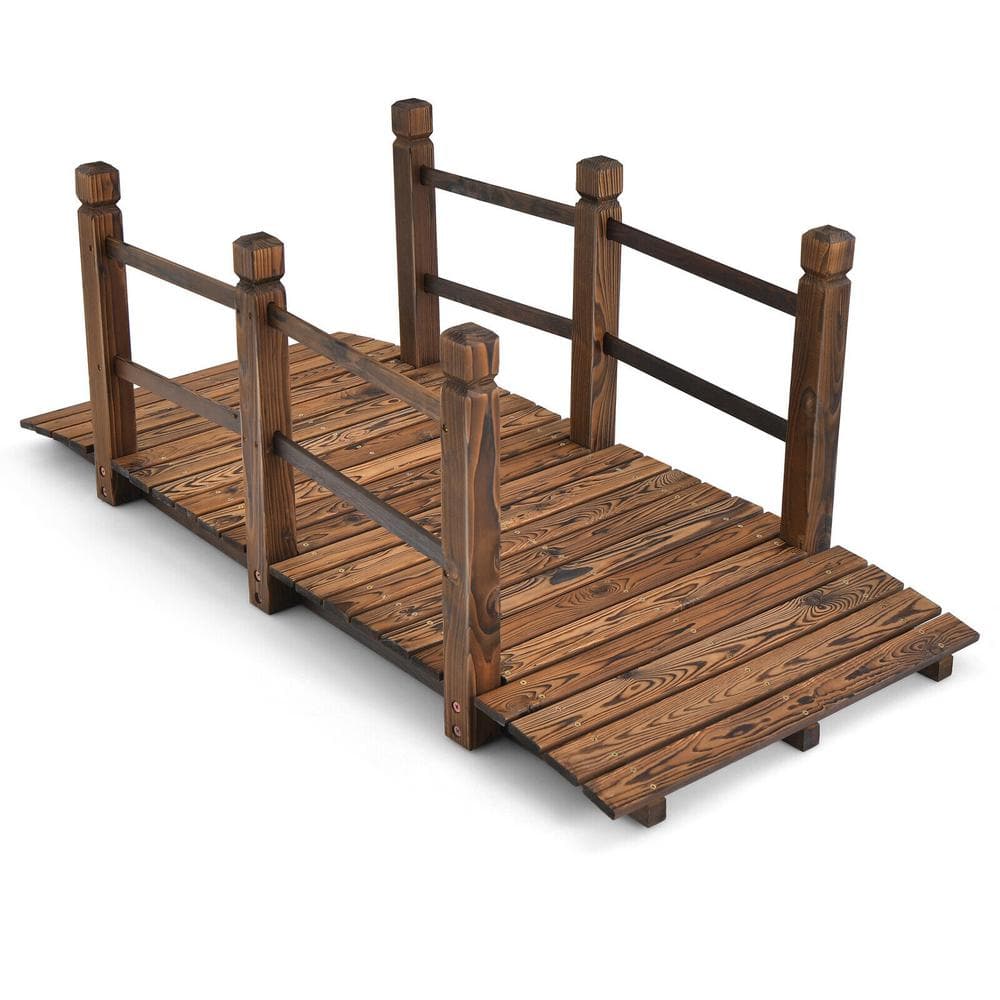 ANGELES HOME 5 Feet Fir Wood Garden Bridge with Safety Rails-Brown ...