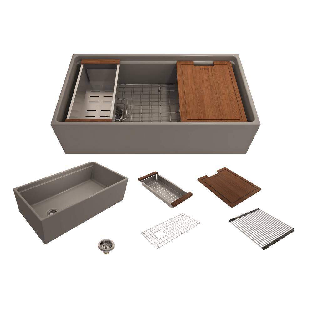 BOCCHI Step-Rim Matte Gray Fireclay 36 in. Single Bowl Farmhouse Apron ...