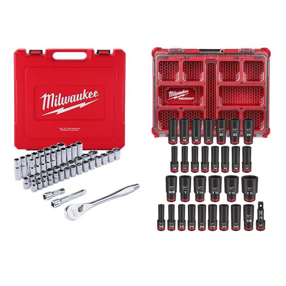 Milwaukee 1/2 in. Drive SAE/Metric Ratchet and Socket Mechanics with Shockwave Impact Packout ...
