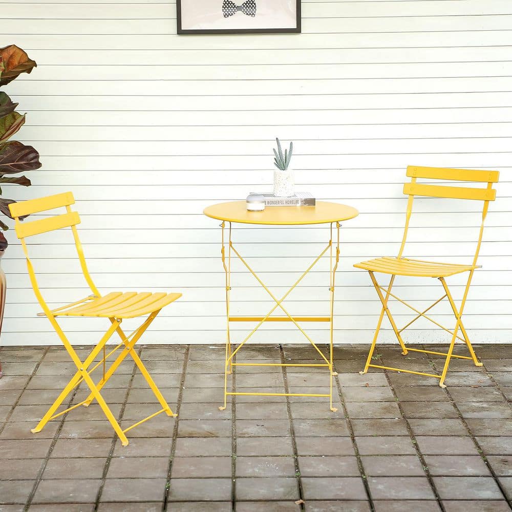 MoNiBloom Foldable Yellow 3-Piece Metal Outdoor Bistro Set with White ...