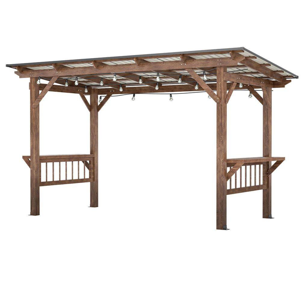 13 ft. x 6.5 ft. Wooden Portable Pergola Grill Gazebo with Metal Roof and Bulbs and Bar Counters ...