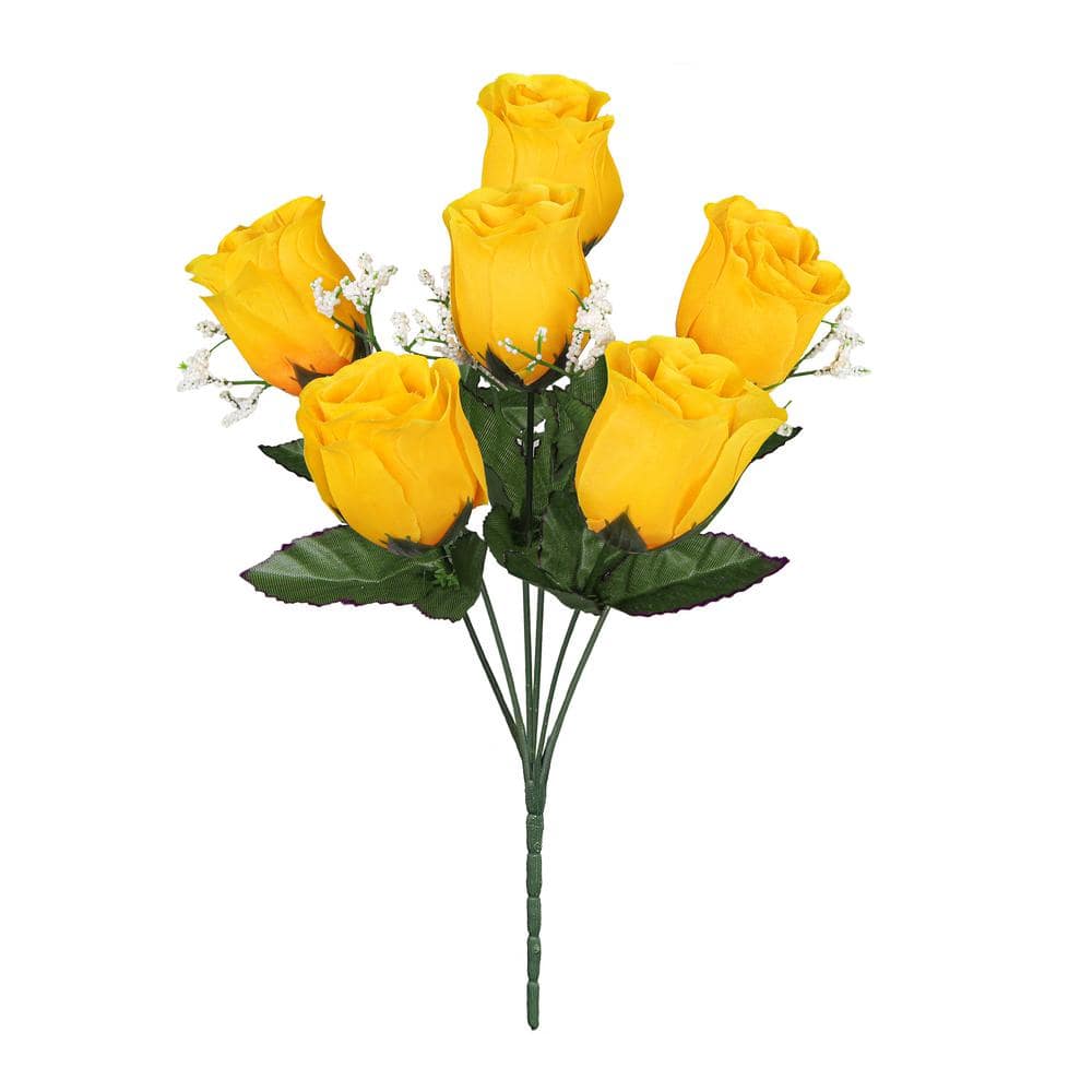 LIVING LUXURY 14 in. Yellow Artificial Rose Bud Flower Stem Bush ...