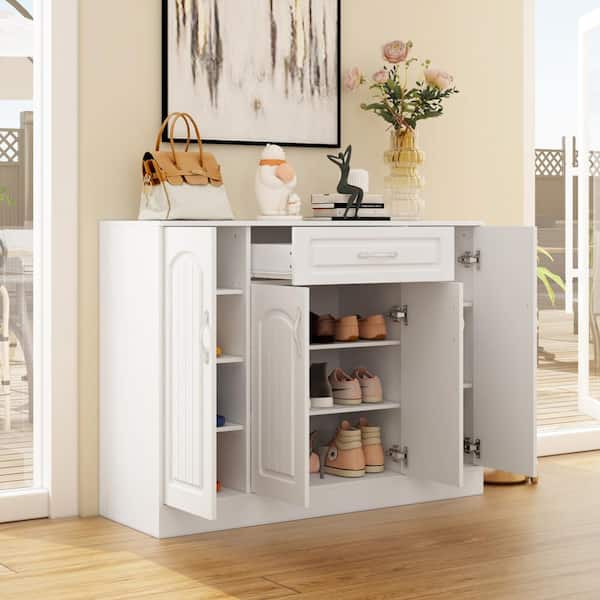 FUFU GAGA 35.4 in. H x 47.3 in. W White Wooden Shoe Storage Cabinet Console Table with 10 Shelves and 1 Drawer L THD 210237 01 The Home Depot