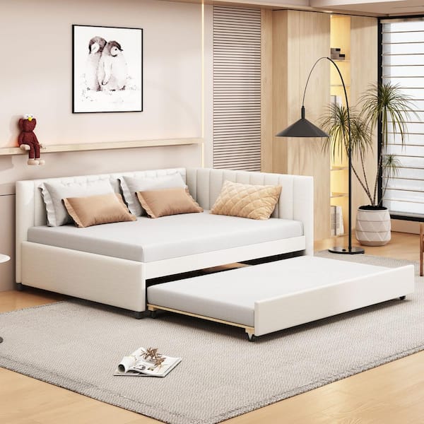 Harper And Bright Designs Beige Full Size Linen Upholstered Wood Daybed