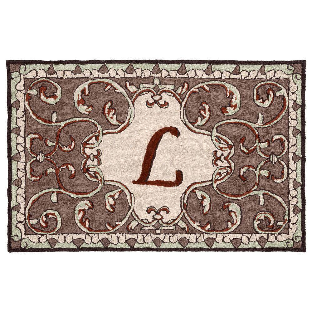 SAFAVIEH Monogram Mocha 3 ft. x 4 ft. "L" Ornate Floral Indoor/Outdoor ...