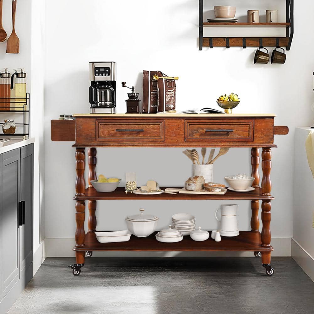 WarmieHomy Solid Wood Natural Top Brown Rolling Kitchen Cart Wine and ...