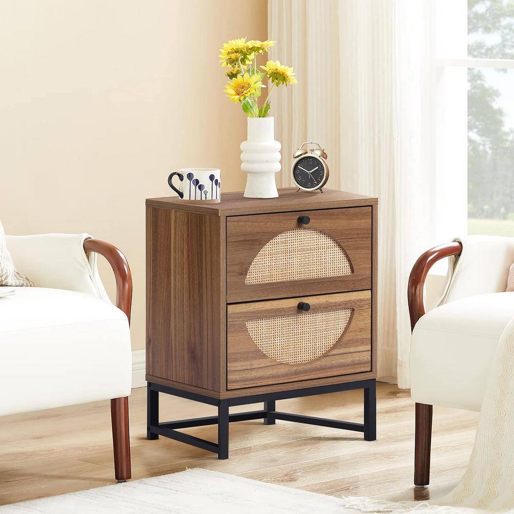 Mid Century Rattan 2-Drawer Brown Nightstand (Set of 2) Accent Bedside Table with Storage ...
