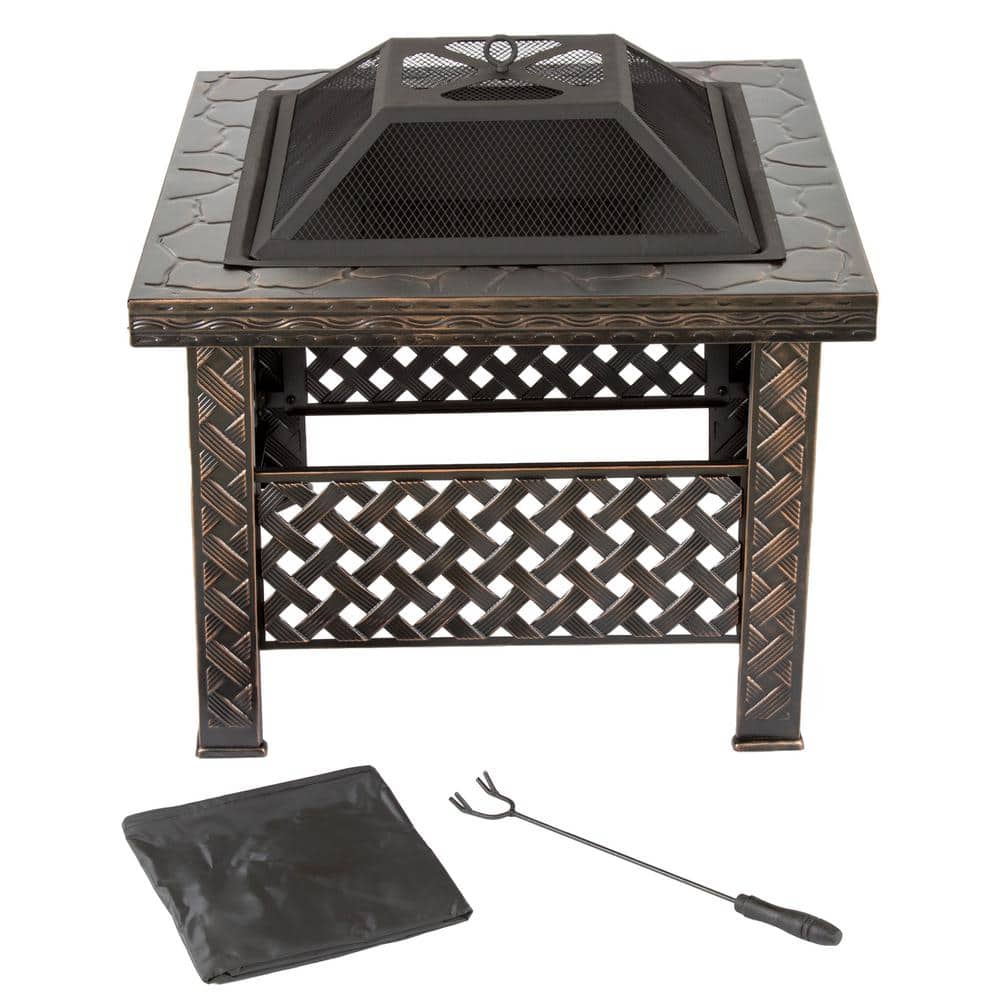 Pure Garden 26 in. Steel Square Woven Fire Pit with Cover M150073 - The ...