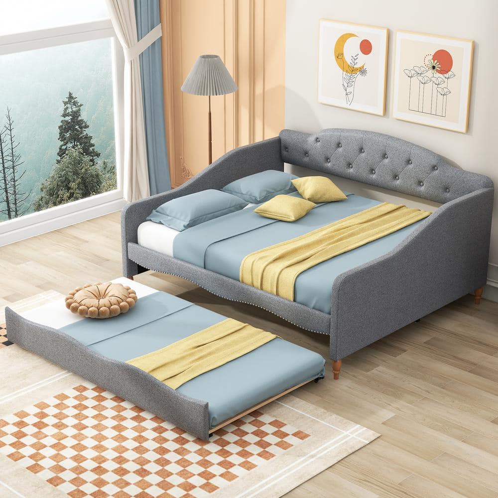 Harper And Bright Designs Button Tufted Gray Wood Full Size Linen