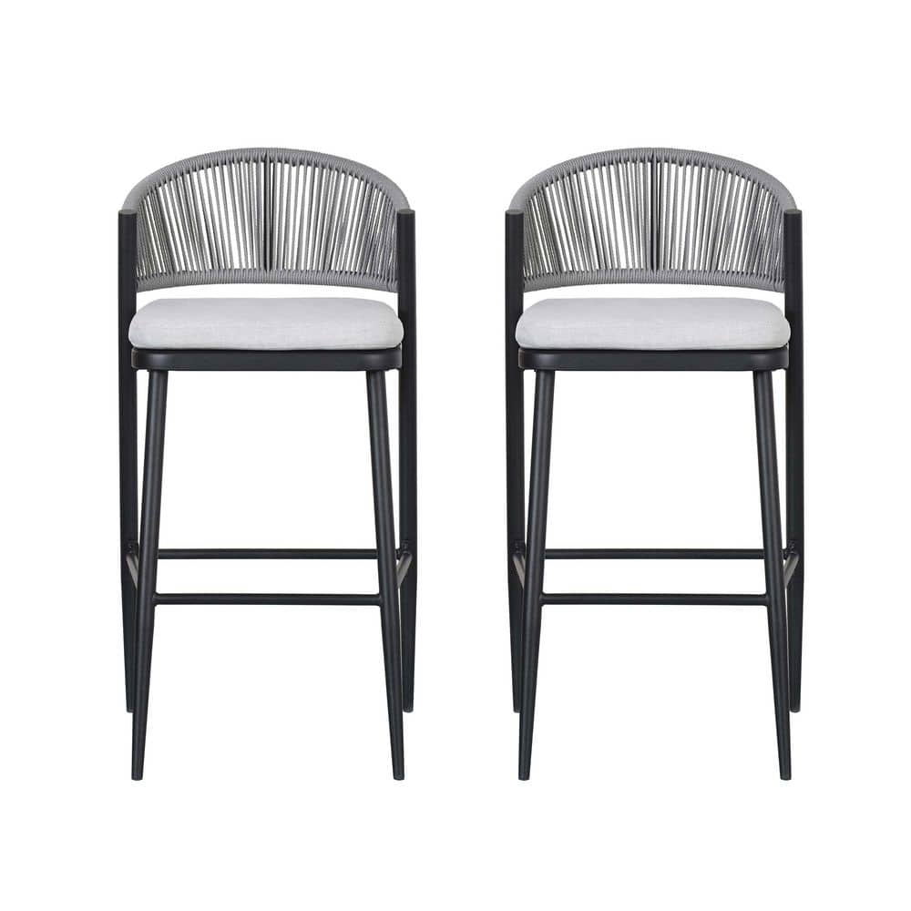 2-Piece Black Aluminum Counter Outdoor Bar Stools with PE Rattan ...