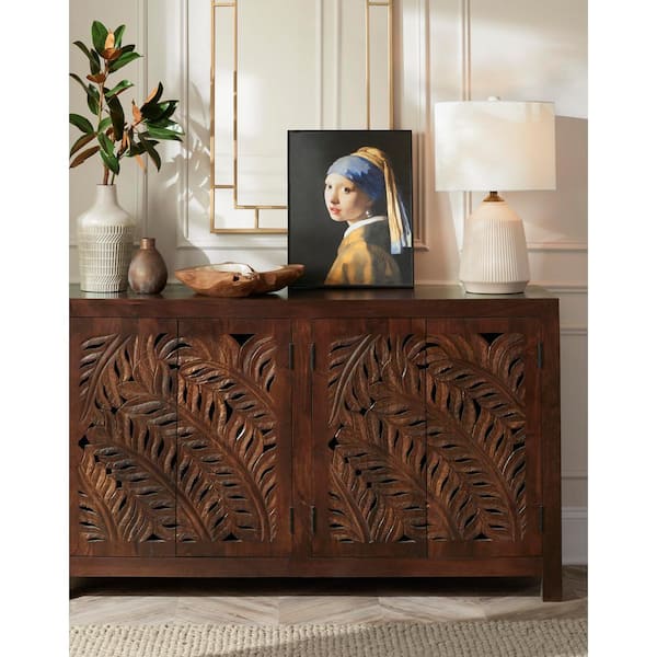 Home Decorators Collection Palmeadow Carved Walnut Brown Wood 4 Door Accent Cabinet 36 in. H x 62 in. W x 18 in. D CAC 20 000 The Home Depot