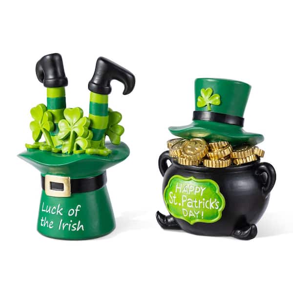 Glitzhome 6.50 in. H Set of 2 St Patrick's Resin Pot of Gold ...