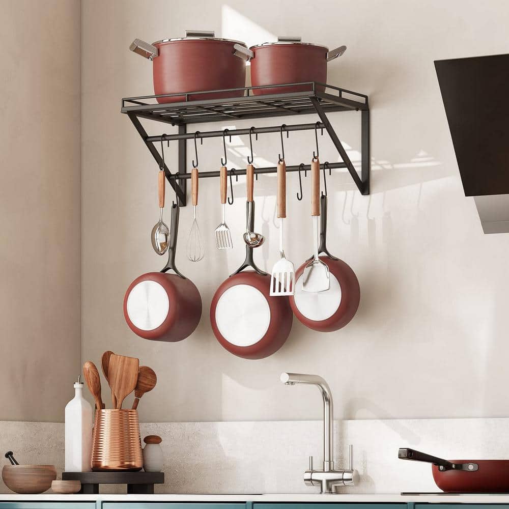 Numhew Black 23.6 in. Wall Mounted Pot Rack Storage Shelf with 2-Tier ...