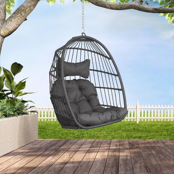 FINCATI 1-Person Gray PE Wicker Porch Swing Egg Chair with Gray Cushion ...