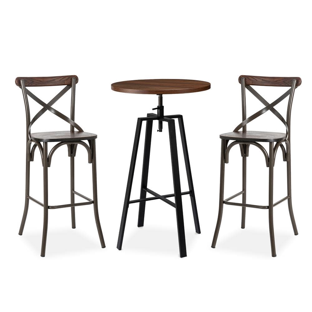 Glitzhome Pub Table Set - Modern Adjustable Round Bar Table with Walnut ...
