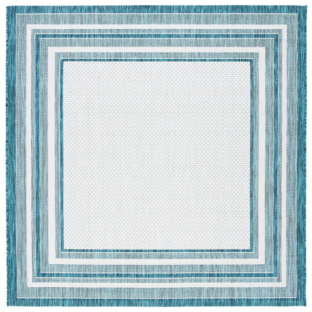 SAFAVIEH Courtyard Ivory/Teal 7 ft. x 7 ft. Solid Striped Indoor ...