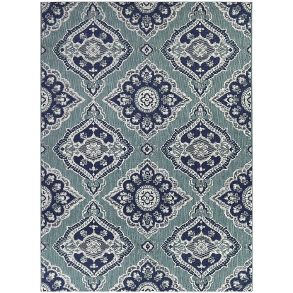 Hampton Bay Oak Hill Aqua 9 ft. x 12 ft. Medallion Indoor/Outdoor Area ...