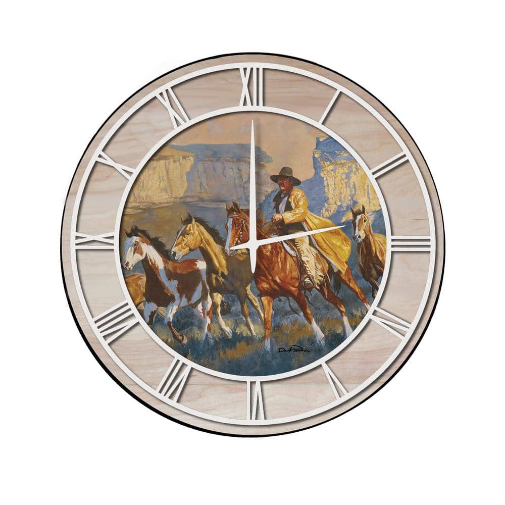 "A Cowboy Day" Woodgrain Accent and White Numbers Imaged Wall Clock CL ...