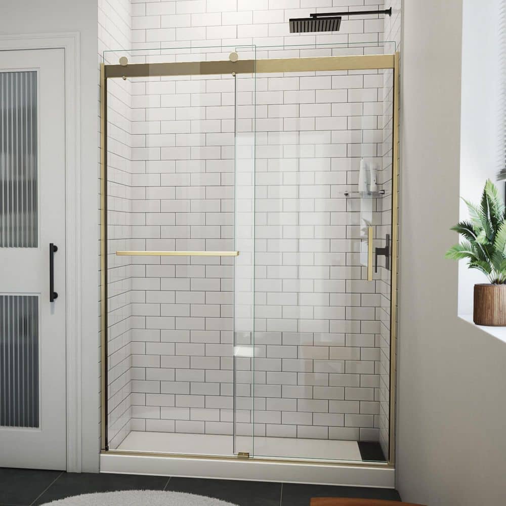 DreamLine Sapphire-V 54 in. W x 76 in. H Sliding Semi Frameless Bypass Shower Door in Brushed ...