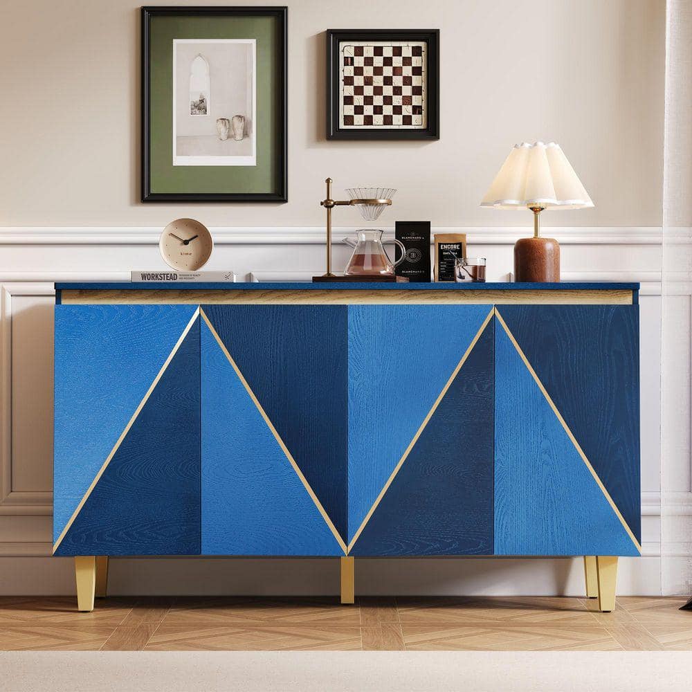 Qualler Light and Dark Navy Blue Wood 59.8 in. Buffet Sideboard Cabinet ...