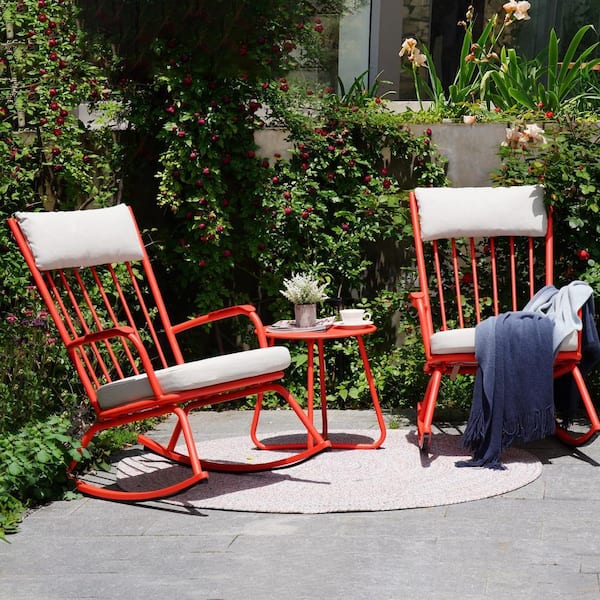 Upland Red Metal Outdoor Rocking Chair with Beige Cushion, 3-Piece RC ...