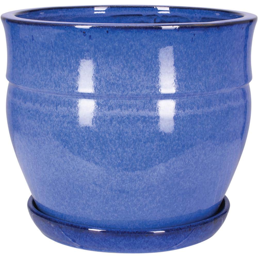 15 in. Blue Ceramic Banded Planter with Saucer FGC-107C-BL - The Home Depot