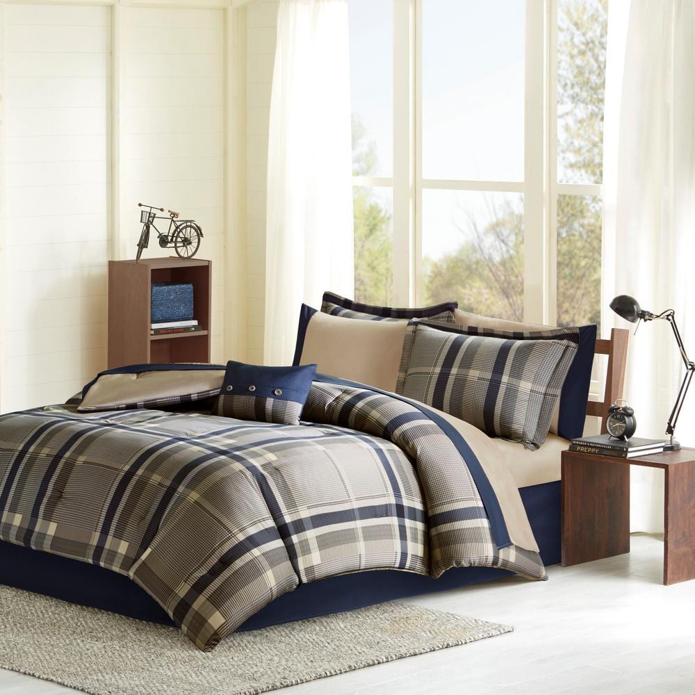 Intelligent Design Roger 9 Piece Navy Multi Microfiber Queen Plaid Stripe Print Antimicrobial Bed in a Bag ID10 1227 The Home Depot