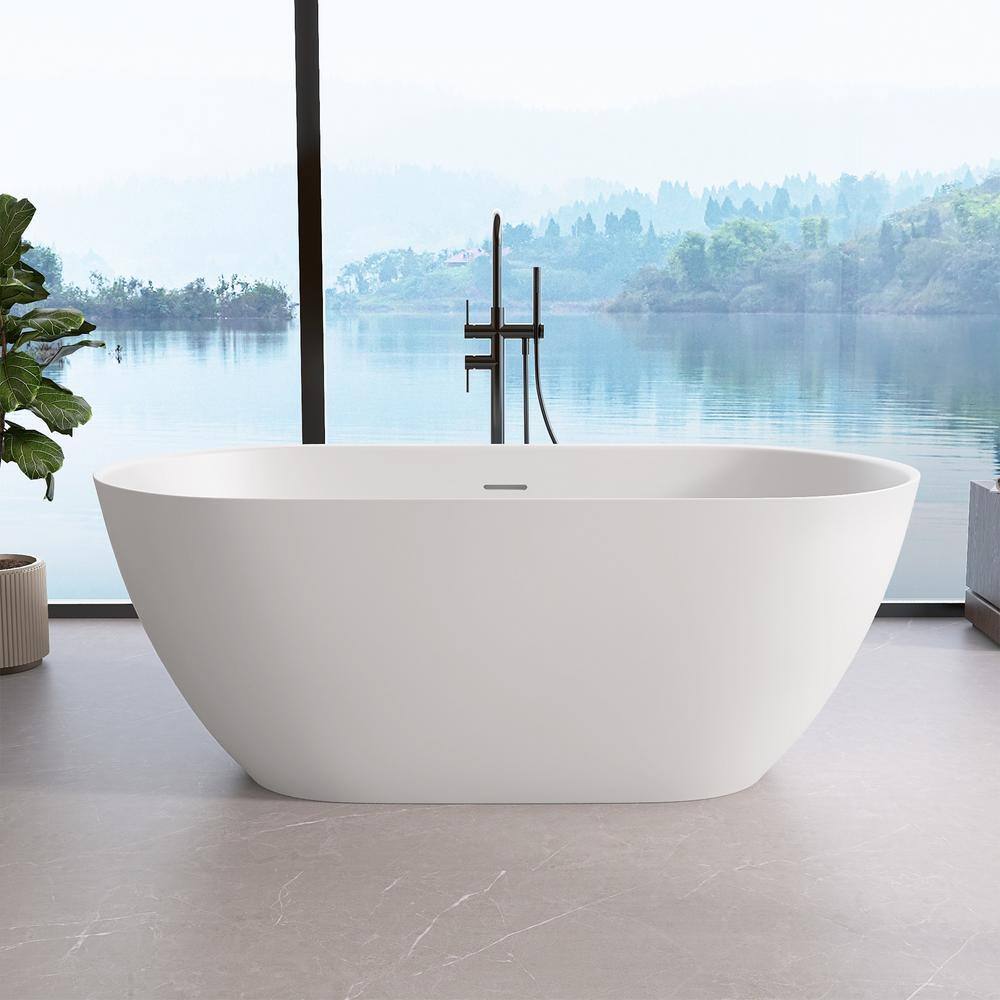 NTQ 59 in. x 29.5 in. Solid Surface Soaking Bathtub with Center Drain Flat Bottom Free Standing ...