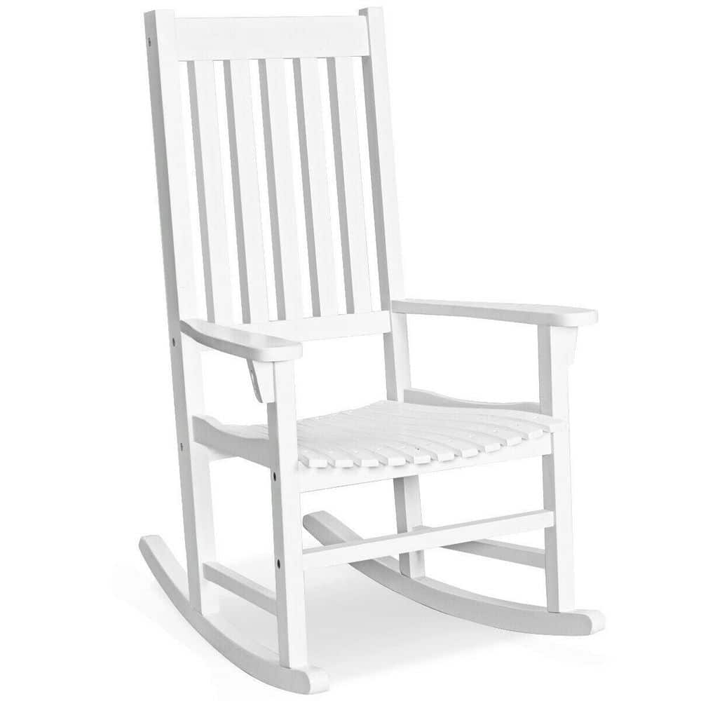 Gymax Wood White Outdoor Rocking Chair Porch Rocker High Back Garden ...
