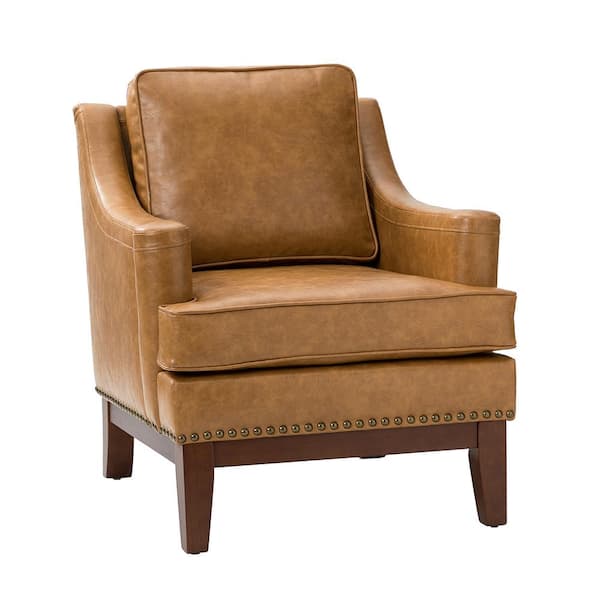 JAYDEN CREATION Heinrich Camel Vegan Leather Armchair with Solid Wood ...