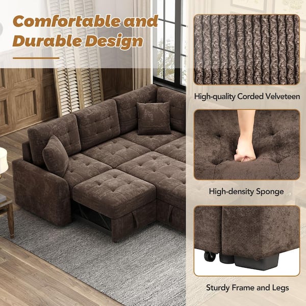 Harper Bright Designs 82.6 in. L Shaped Corded Velveteen Modern Sectional Sofa Pull out Sleeper Sofa in. Brown with USB Ports Power Sockets