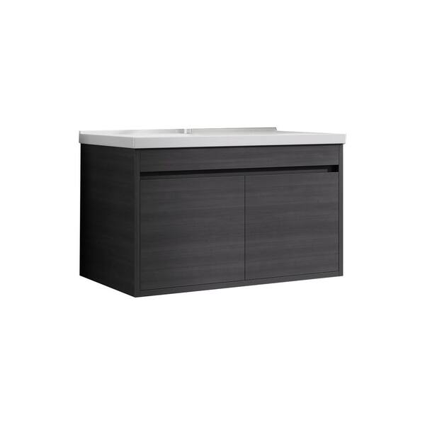 TCYO 32 in. Wall-Mounted Grey Oak Bath Vanity with White Ceramic Top ...