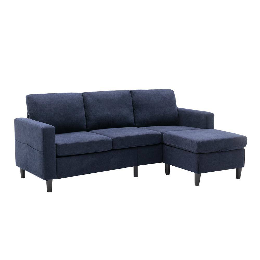 GHOUSE 27.5 in. Blue Linen 3-Seat L-Shaped Sofa with Movable Ottoman ...