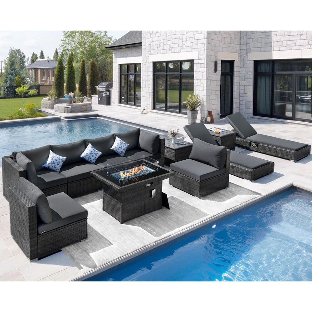 11-Piece Wicker Outdoor Sectional Patio Furniture Conversation Set with ...