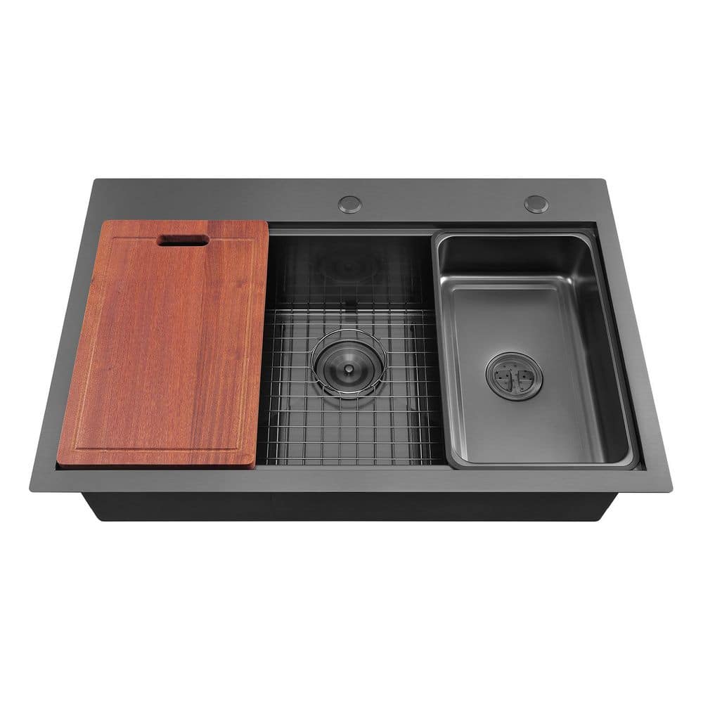 Attop 33 in. Drop in Single Bowl 18-Gauge Nano Black Stainless Steel ...